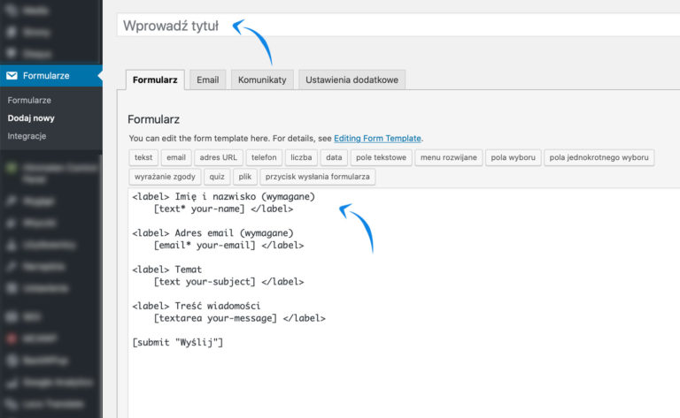 Formularz kontaktowy wordpress - jak wstawić?